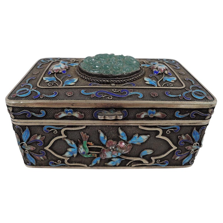 Antique Chinese Silver Gilt Filigree Box with Enamel and Carved Jade ...