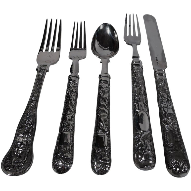 Antique Chinese Silver Place Setting with Exotic Scenes For Sale at 1stDibs