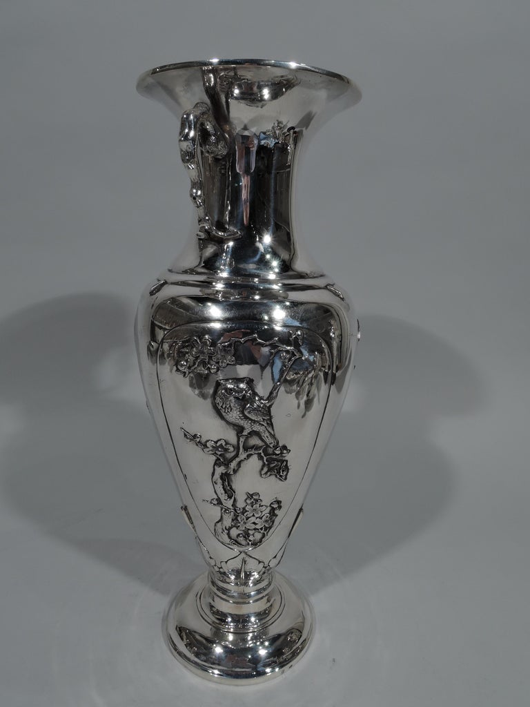 Antique Chinese Silver Vase with Bamboo and Birds For Sale at 1stDibs