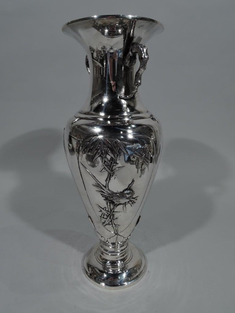 Antique Chinese Silver Vase with Bamboo and Birds For Sale at 1stDibs