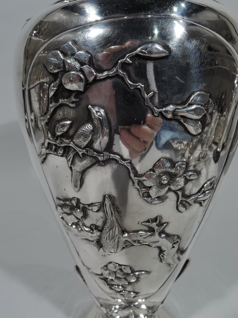 Antique Chinese Silver Vase with Bamboo and Birds For Sale at 1stDibs