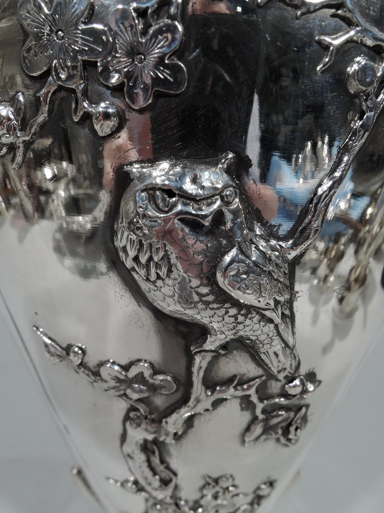 Antique Chinese Silver Vase with Bamboo and Birds For Sale at 1stDibs