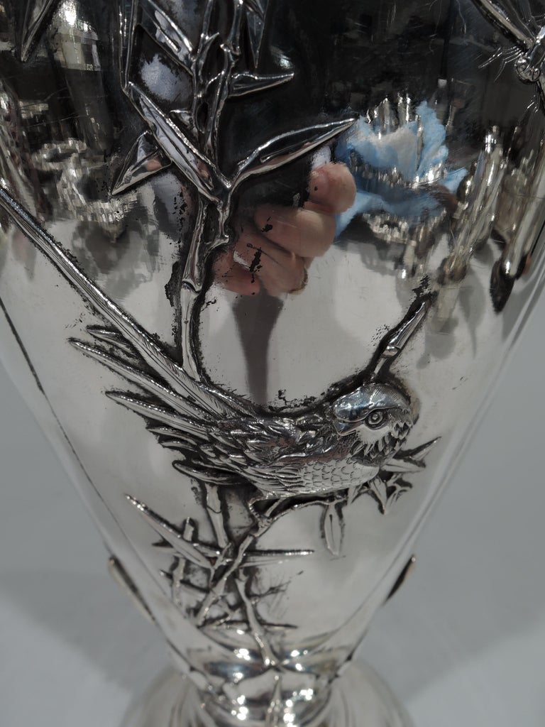 Antique Chinese Silver Vase with Bamboo and Birds For Sale at 1stDibs