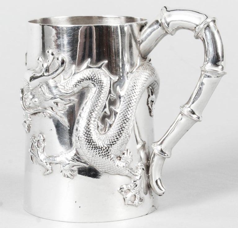 Chinese Solid Silver Mug by Hung Chong with Dragon Monogram, Early 20th ...