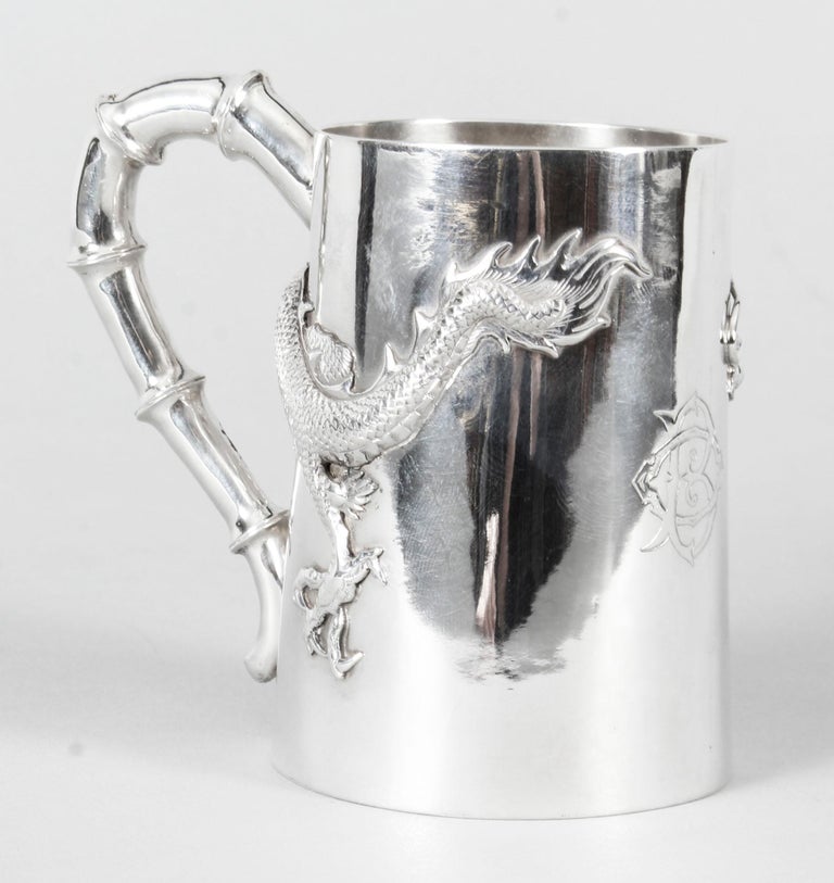 Chinese Solid Silver Mug by Hung Chong with Dragon Monogram, Early 20th ...