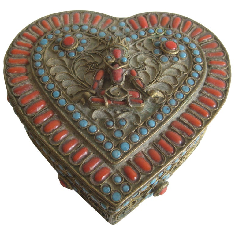 Antique Chinese Tibetan Buddha Brass Filigree Turquoise Coral Heart ...
