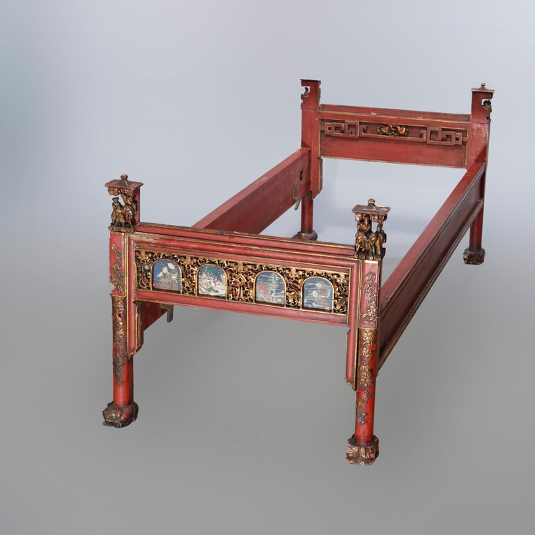 Antique Chinese Vermillion Red and Gilt Youth Bed with Hand Painted ...