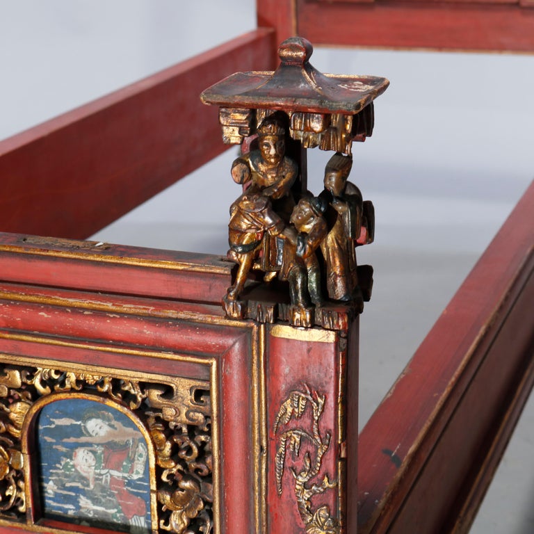 Antique Chinese Vermillion Red and Gilt Youth Bed with Hand Painted ...