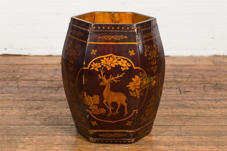Antique Chinese Wooden Rice Barrel with Fish, Flowers, Deer and Birds ...