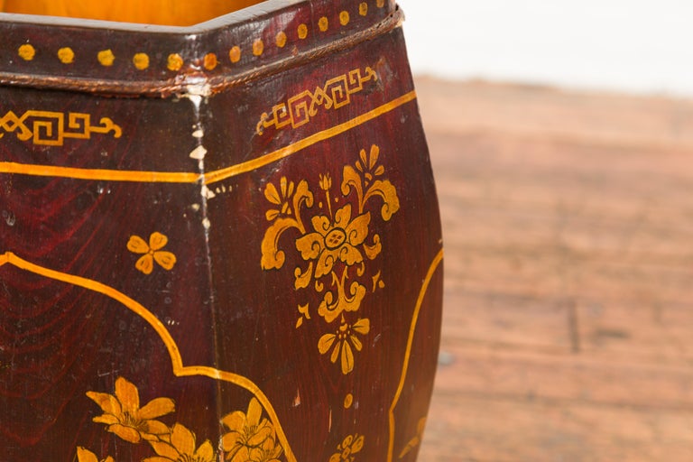 Antique Chinese Wooden Rice Barrel with Fish, Flowers, Deer and Birds ...