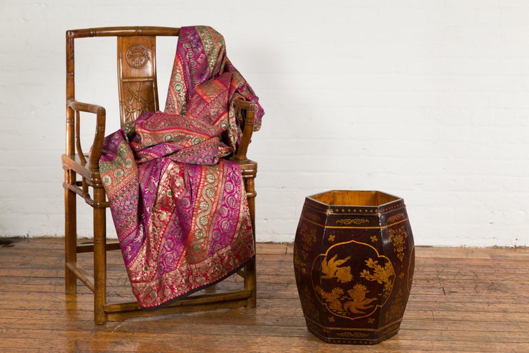 Antique Chinese Wooden Rice Barrel with Fish, Flowers, Deer and Birds ...