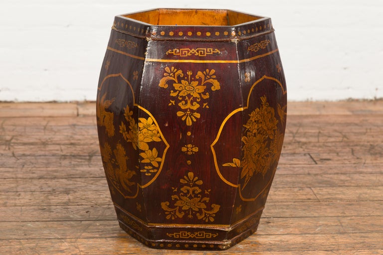 Antique Chinese Wooden Rice Barrel with Fish, Flowers, Deer and Birds ...