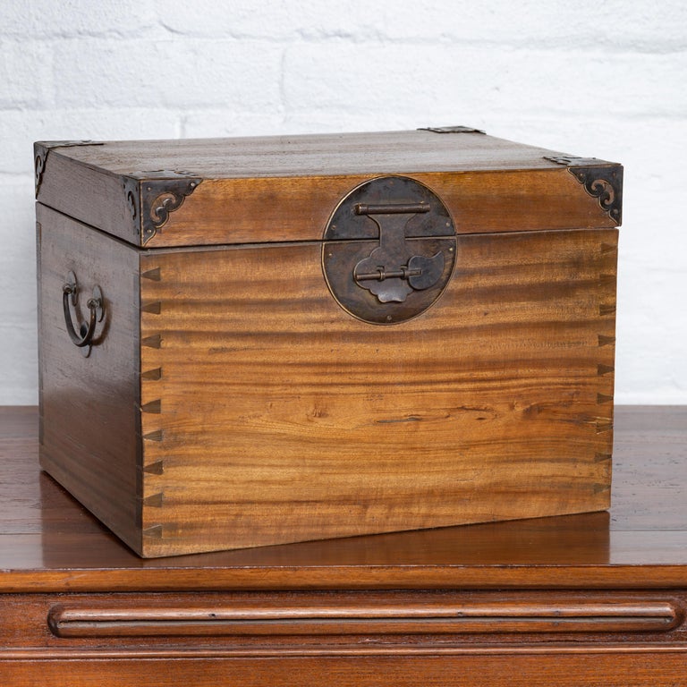Antique Chinese Wooden Treasure Chest with Cutout Metal Braces and ...