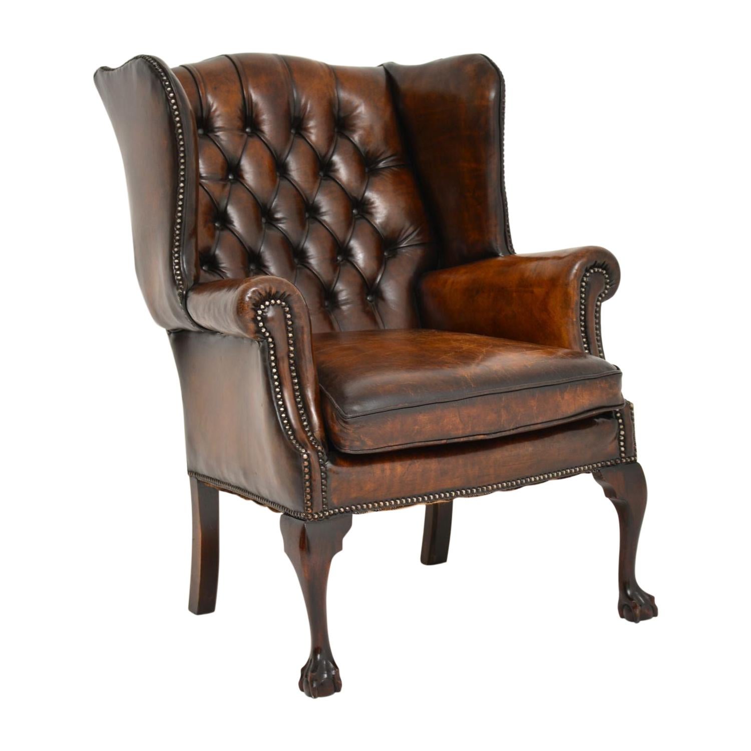 Antique Chippendale Style Leather Wing Back Armchair at 1stDibs