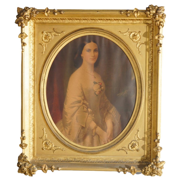 Antique Chromolithograph Print of a Woman in Giltwood Portrait Frame ...