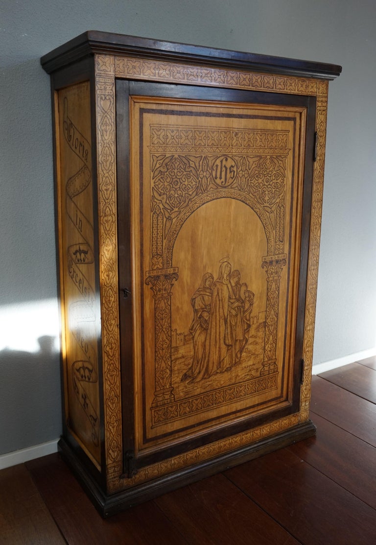Antique Church Wall Cabinet w. Biblical Pokerwork Scene of Mary and ...