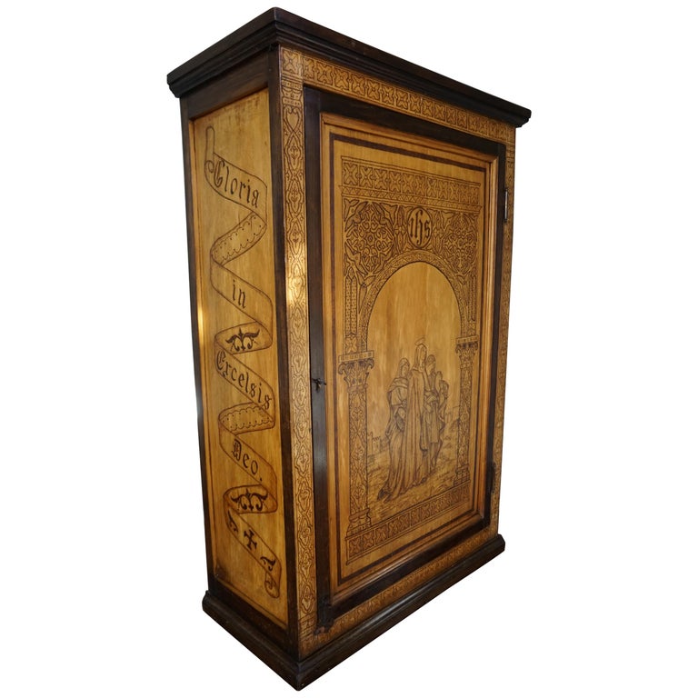 Antique Church Wall Cabinet w. Biblical Pokerwork Scene of Mary and ...