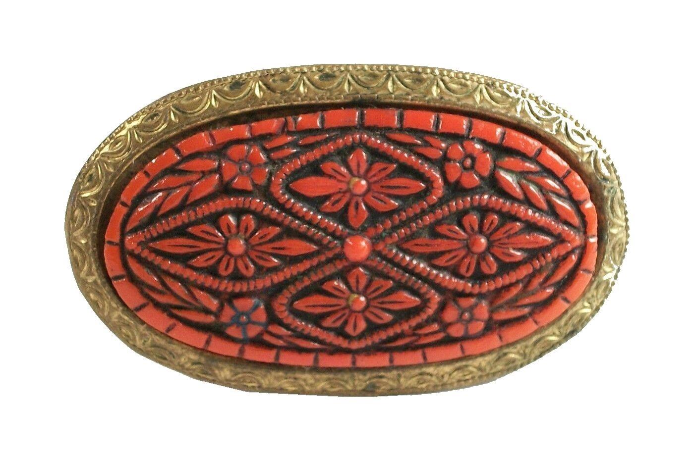 Antique Cinnabar Pin / Brooch - Tooled Brass Trim and Back - China ...