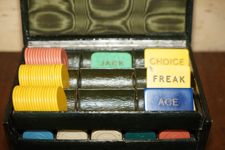 Antique circa 1920 Art Deco Casion Chip Poker Set Green Leather Silk ...