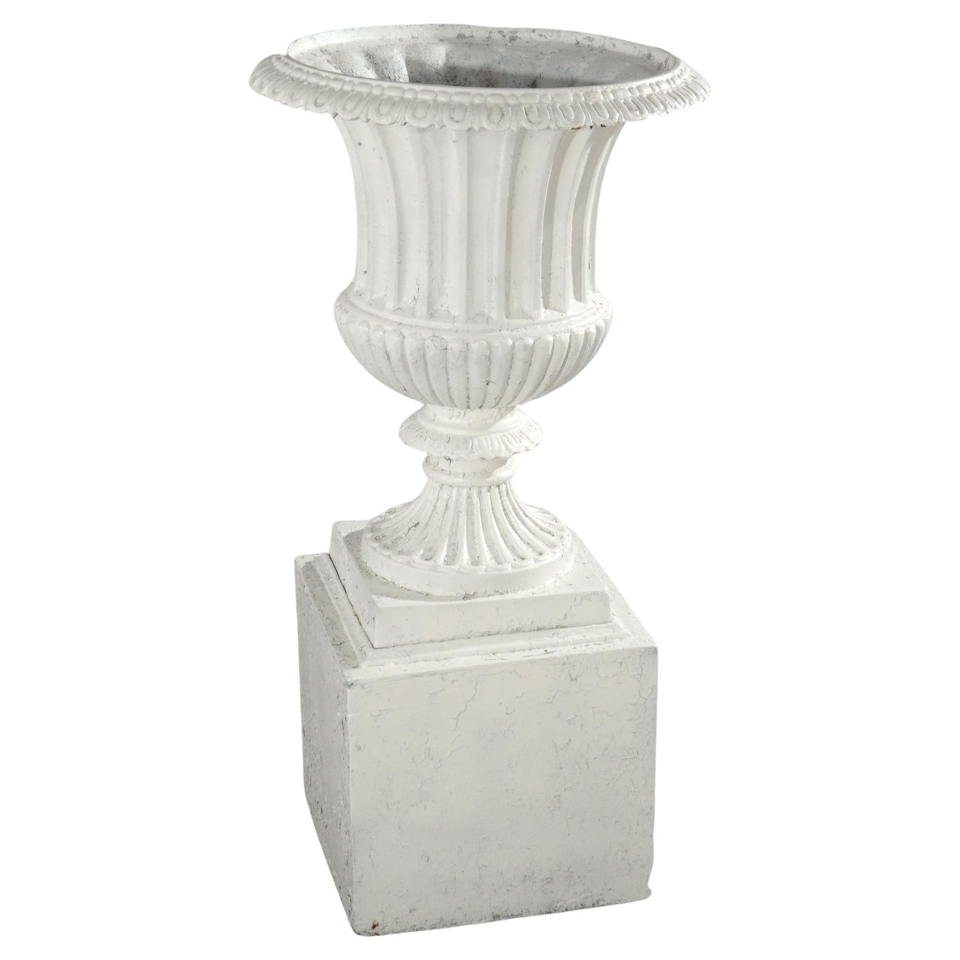 Antique Classical Grecian White Painted Cast Iron Garden Urn on Plinth ...
