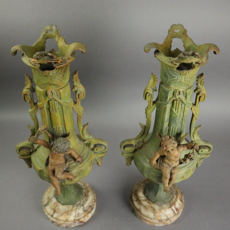 Antique Classical Greek Verdigris Metal and Marble Figural Cherub Urns ...