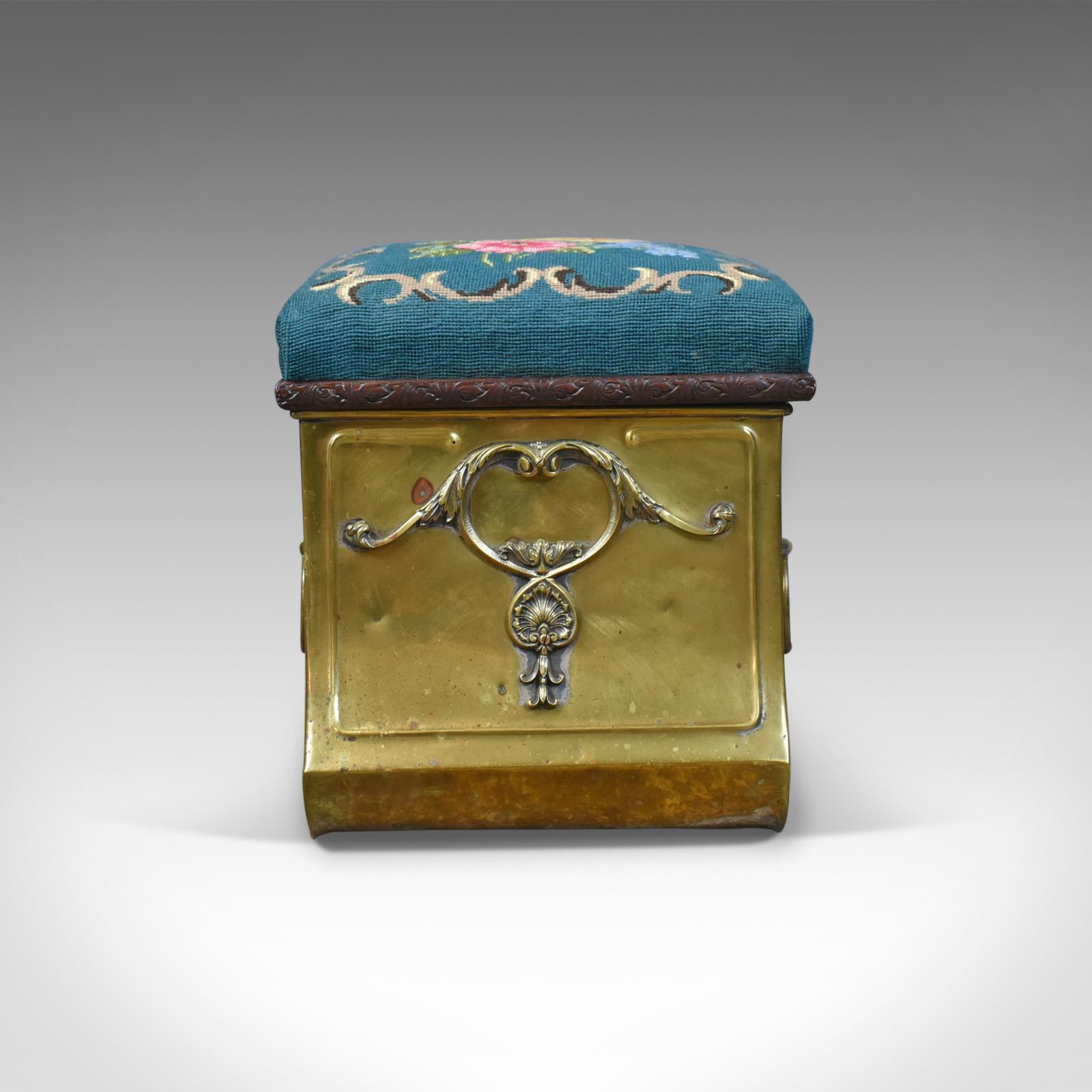 Antique Coal Bin Stool, Victorian, Brass, Fireside, Box, Needlepoint ...