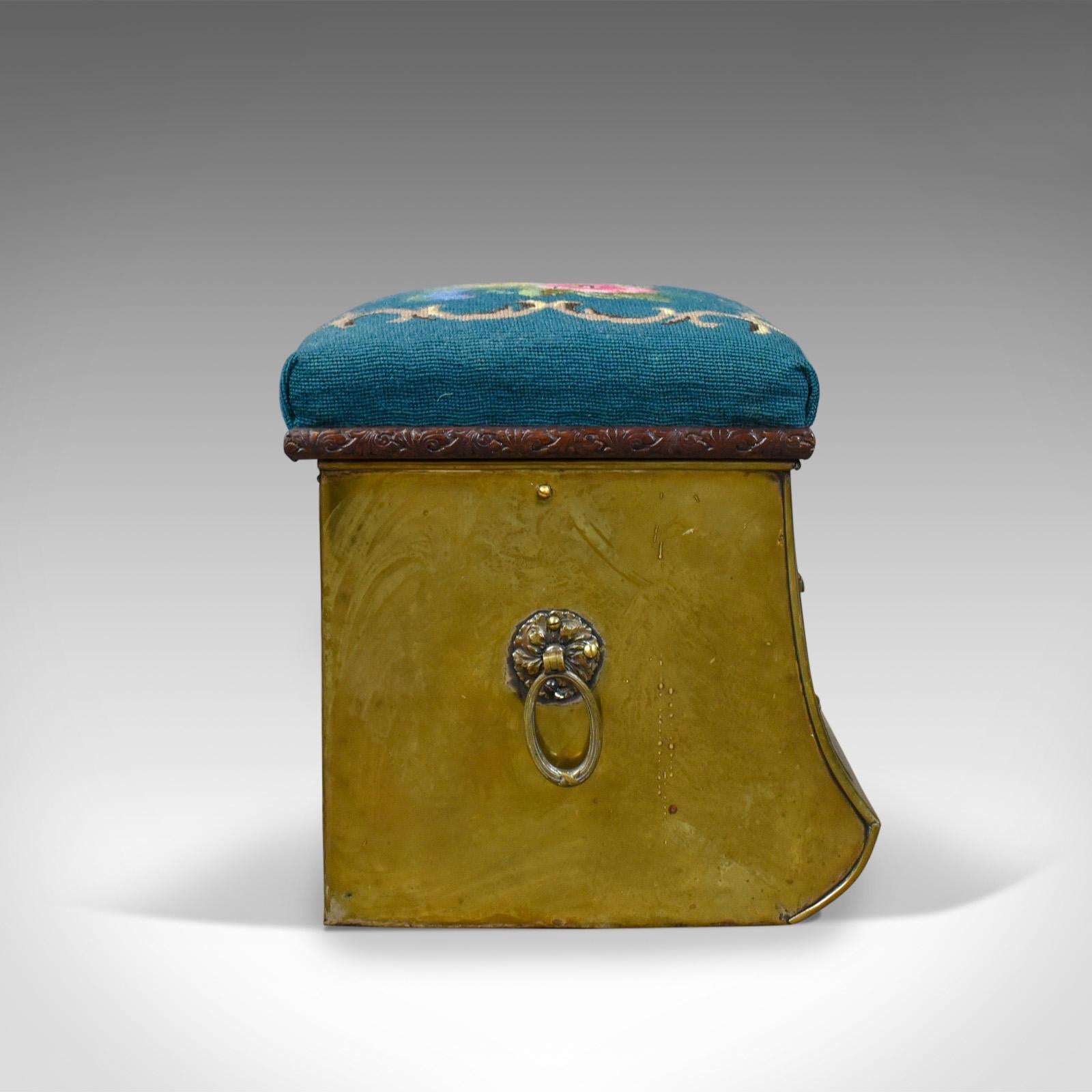 Antique Coal Bin Stool, Victorian, Brass, Fireside, Box, Needlepoint ...