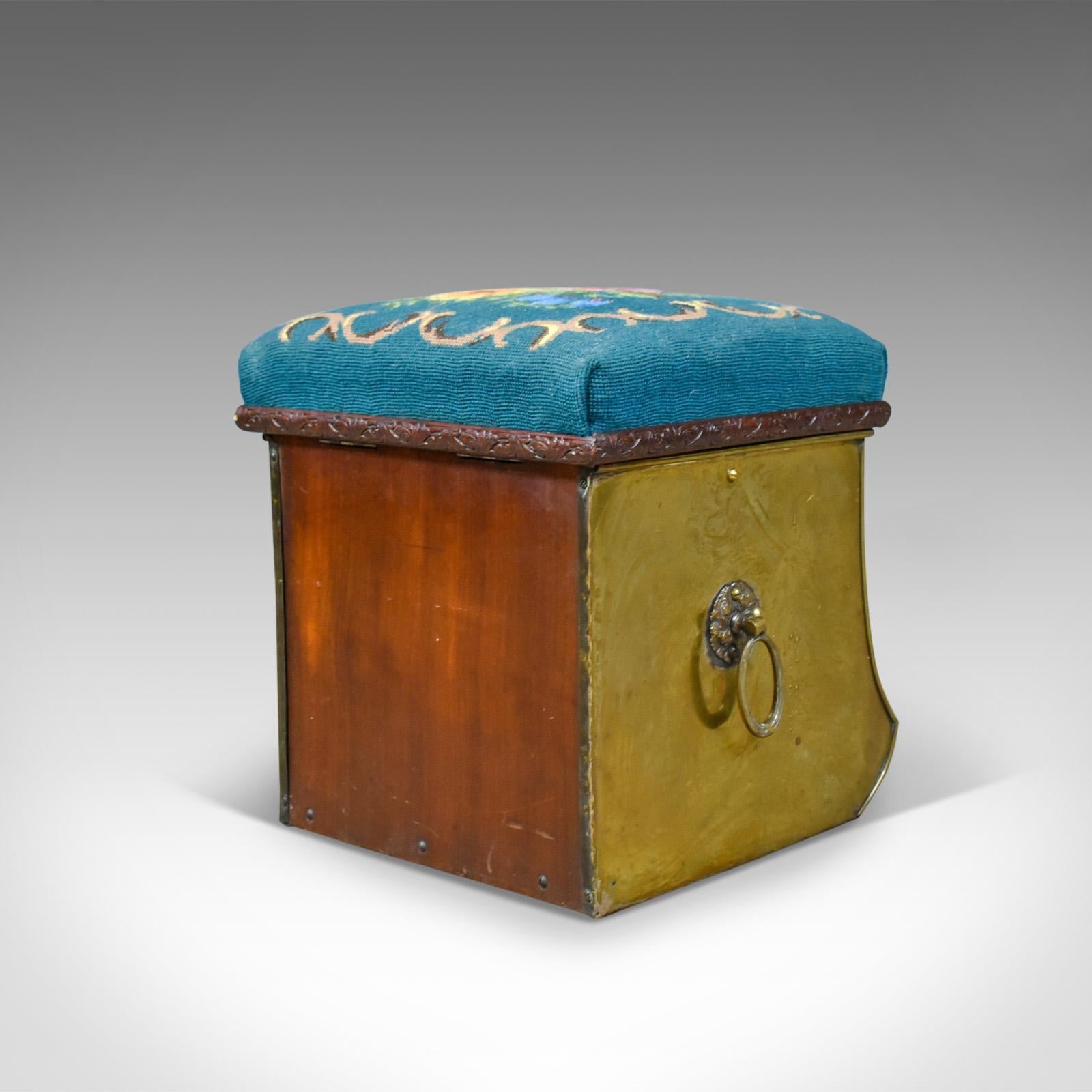 Antique Coal Bin Stool, Victorian, Brass, Fireside, Box, Needlepoint ...