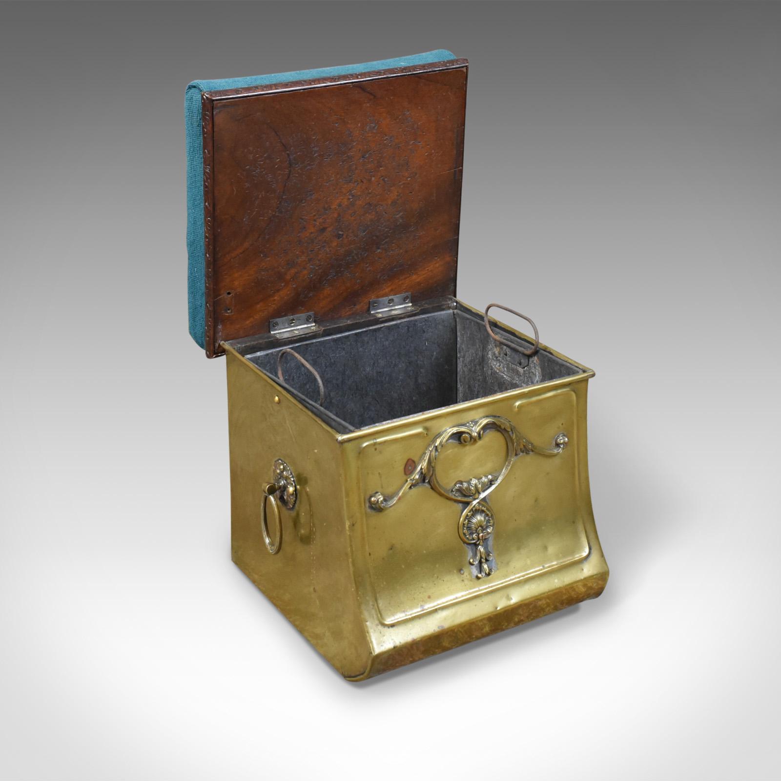 Antique Coal Bin Stool, Victorian, Brass, Fireside, Box, Needlepoint ...
