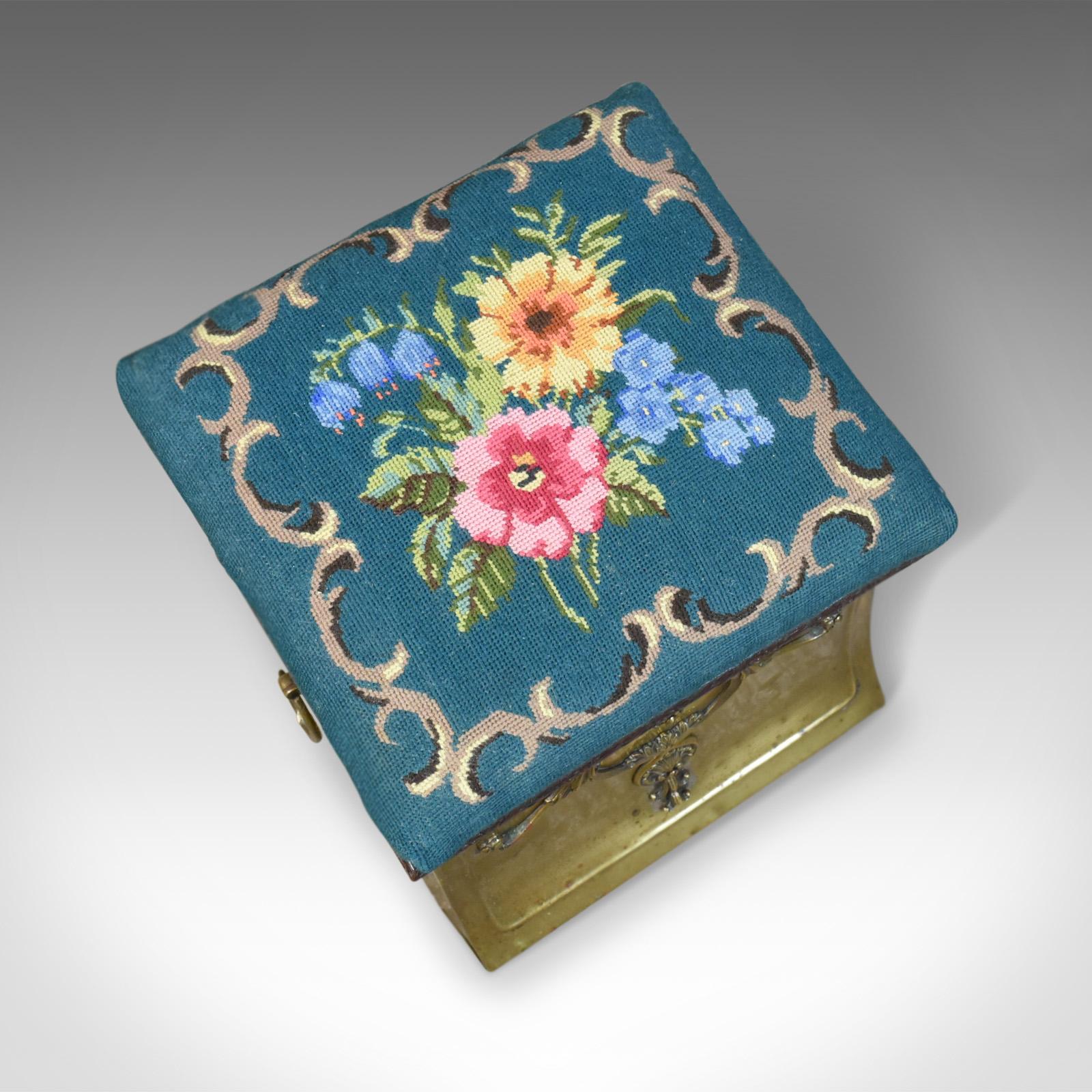 Antique Coal Bin Stool, Victorian, Brass, Fireside, Box, Needlepoint ...