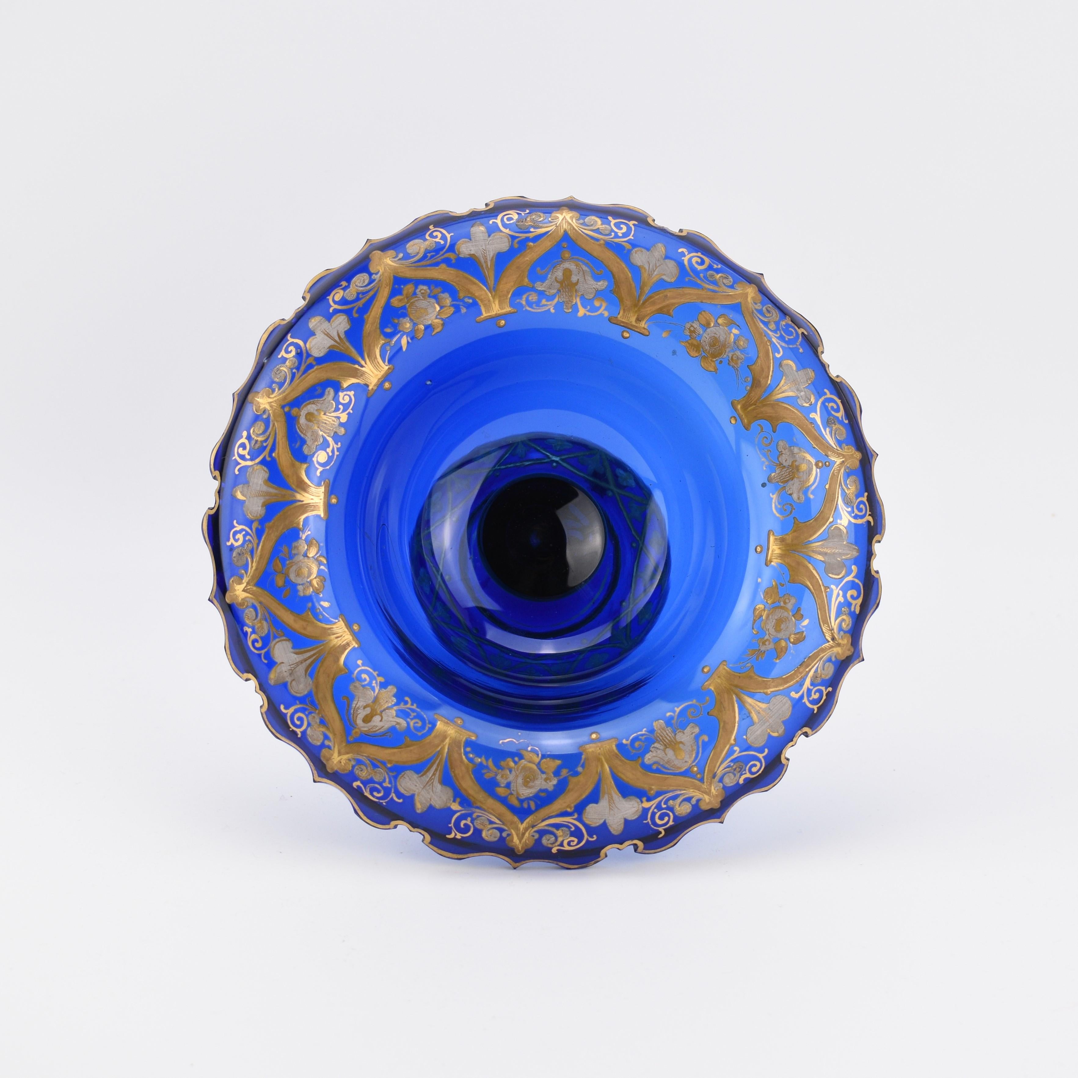 Antique Cobalt Blue Bohemian Enameled Glass Centerpiece Tazza Bowl ...