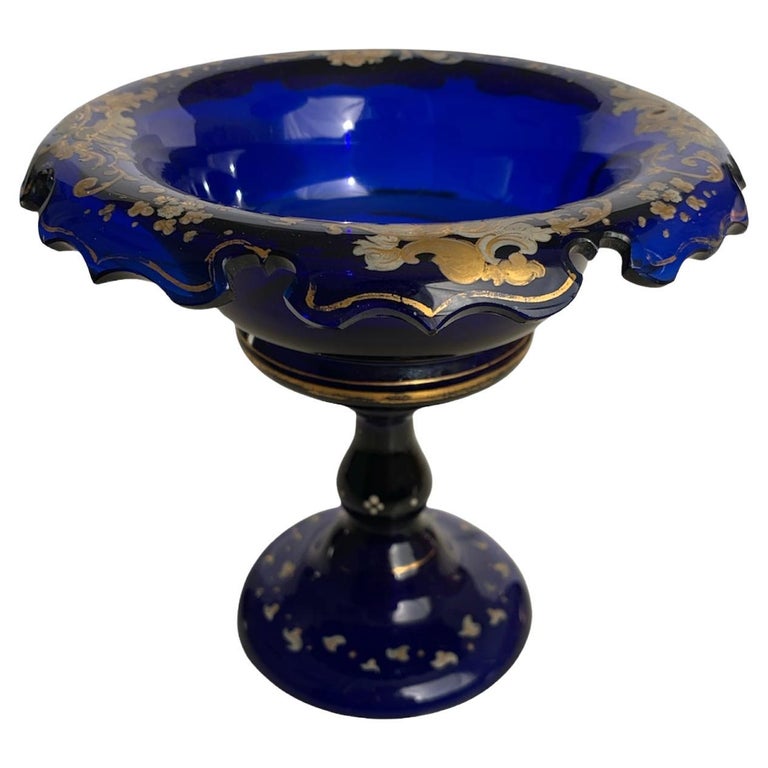 Antique Cobalt Blue Enamelled Glass Tazza Bowl, 19th Century For Sale ...
