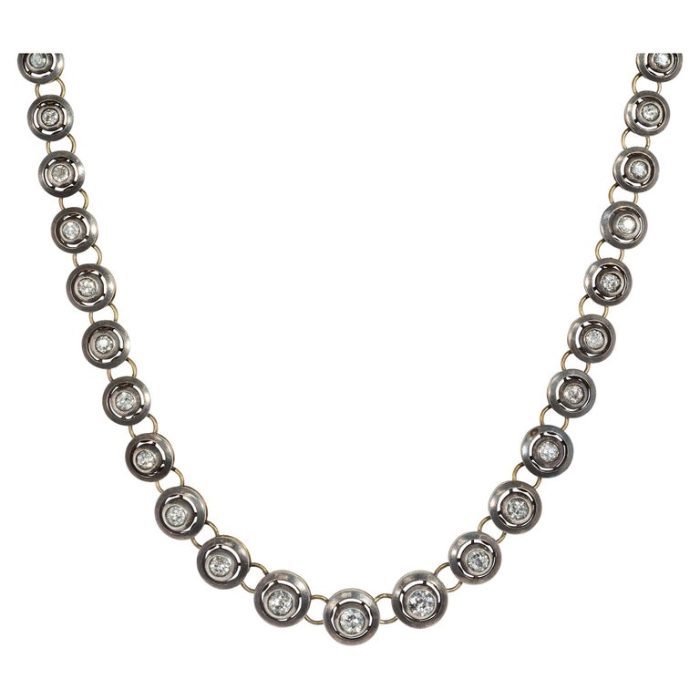 Antique Collet-Set Diamond Rivière Necklace in Silver and Gold For Sale ...