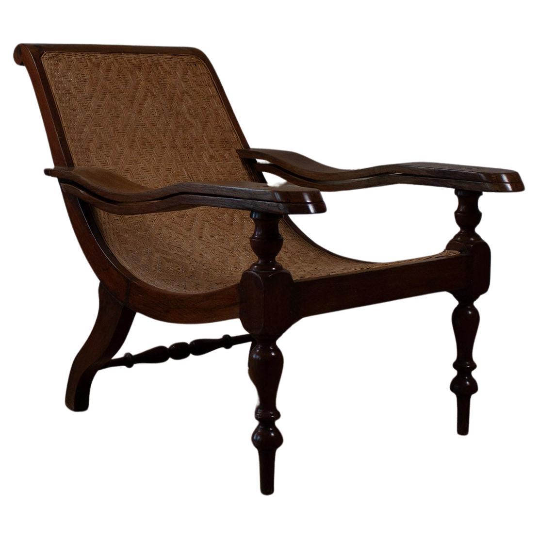 Antique Colonial Plantation Woven Lounge Chair Curved Paddle Armrest ...