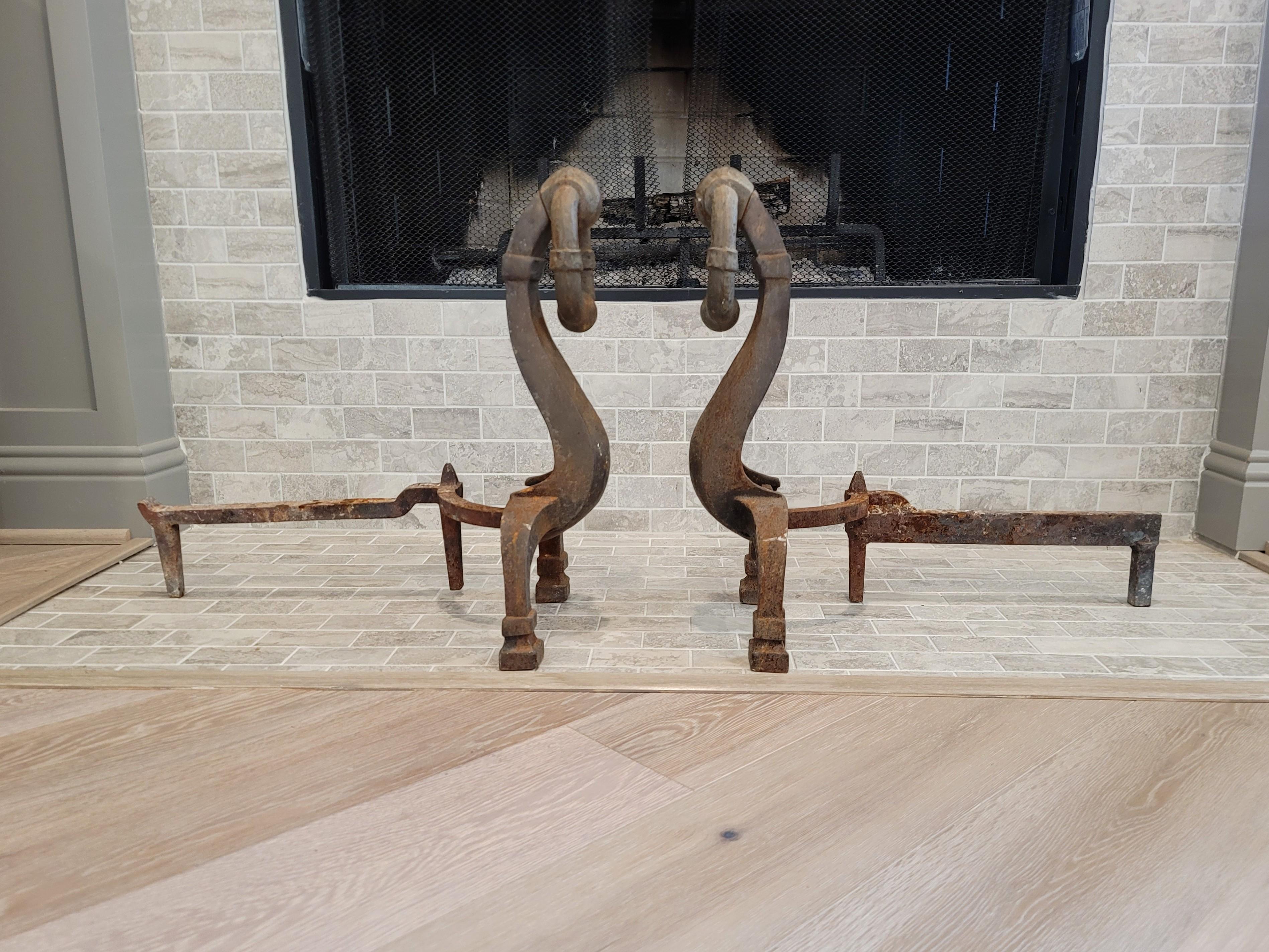 Antique Continental Signed Royal Forged Iron Andirons / Firedogs at 1stDibs