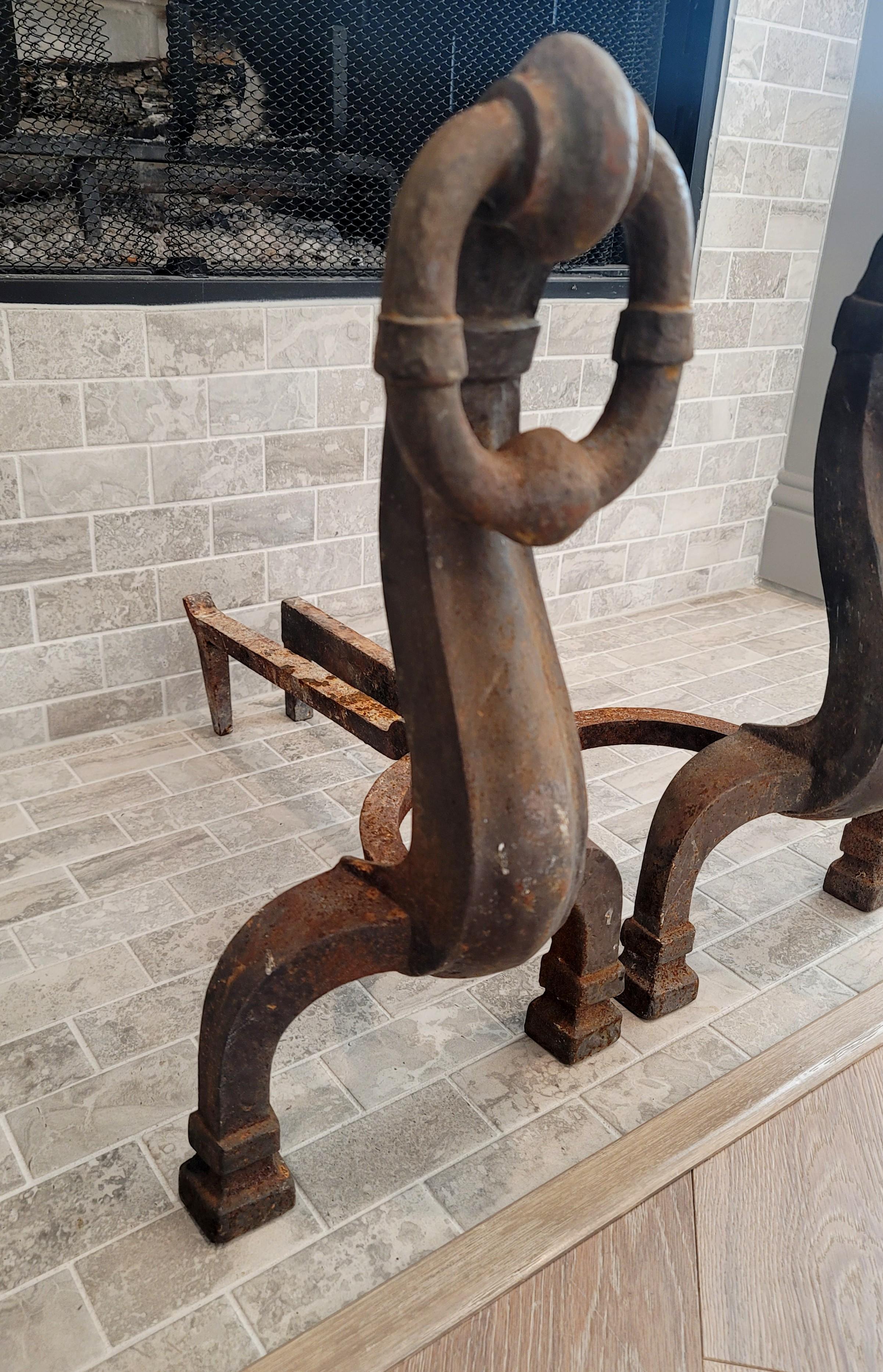 Antique Continental Signed Royal Forged Iron Andirons / Firedogs at 1stDibs