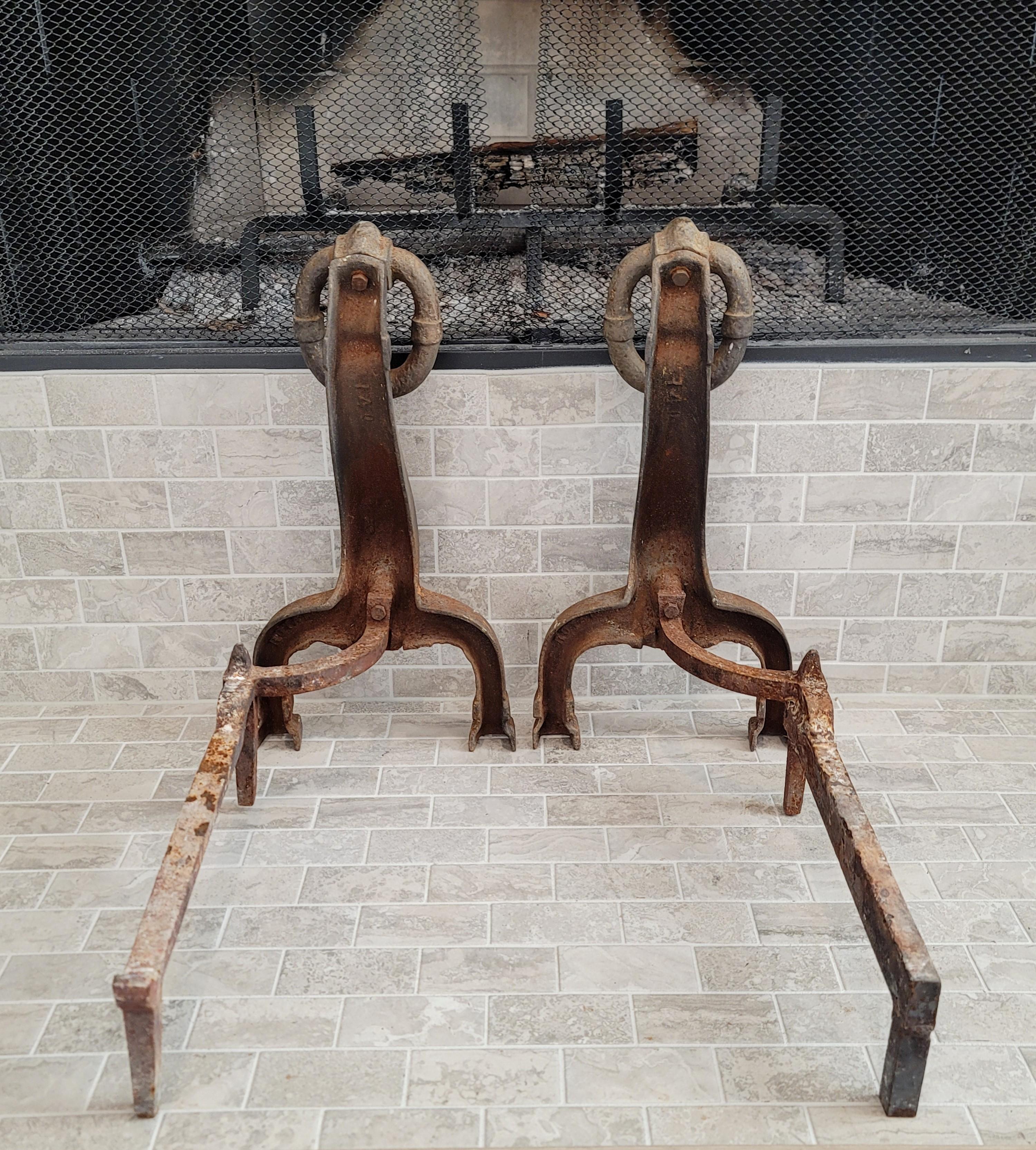Antique Continental Signed Royal Forged Iron Andirons / Firedogs at 1stDibs