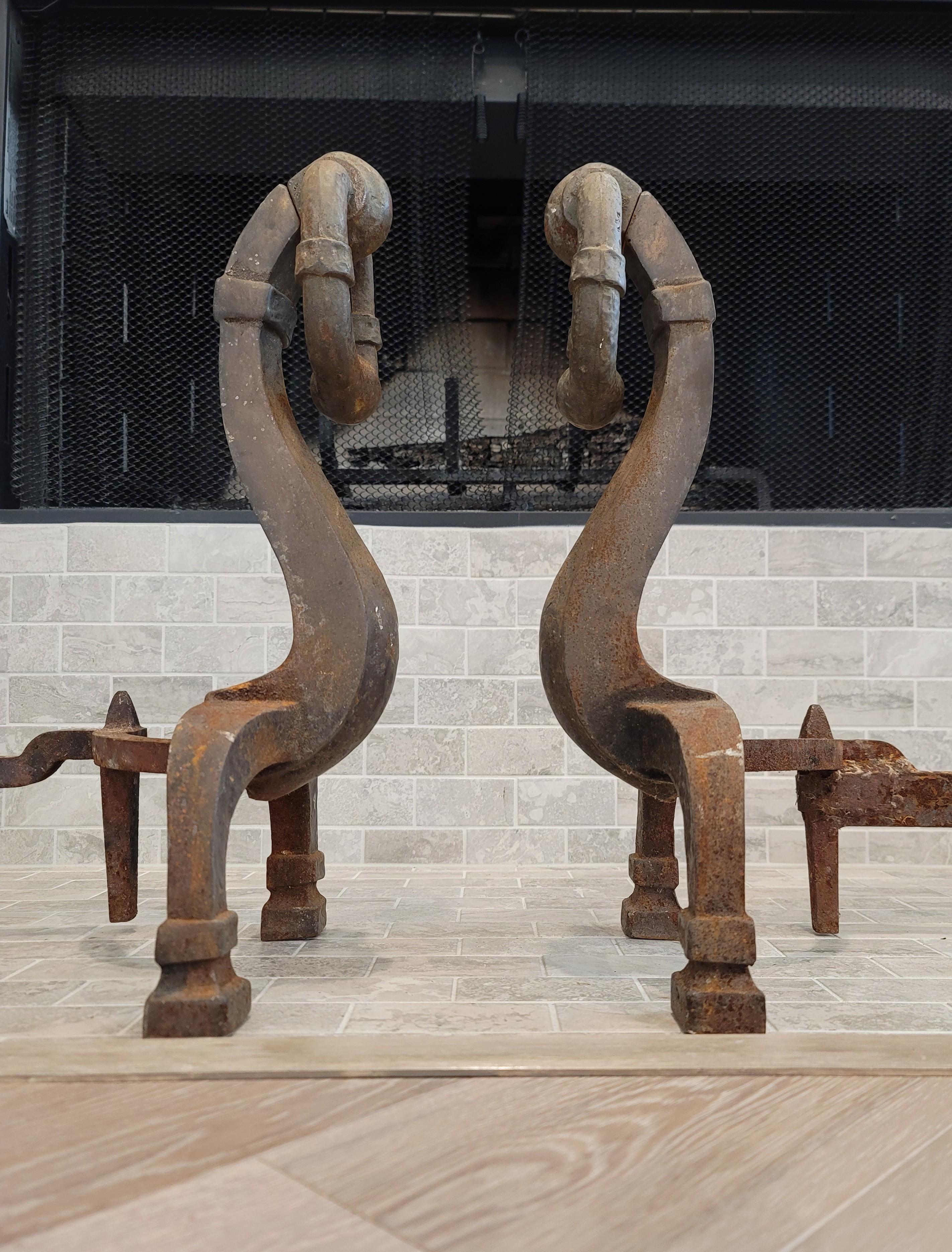 Antique Continental Signed Royal Forged Iron Andirons / Firedogs at 1stDibs