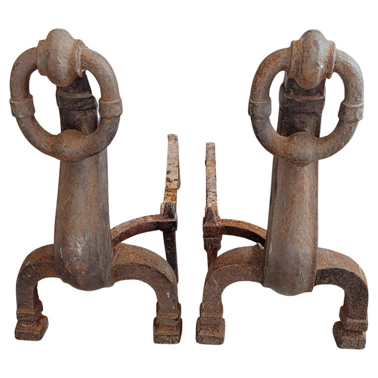 Antique Continental Signed Royal Forged Iron Andirons / Firedogs For ...