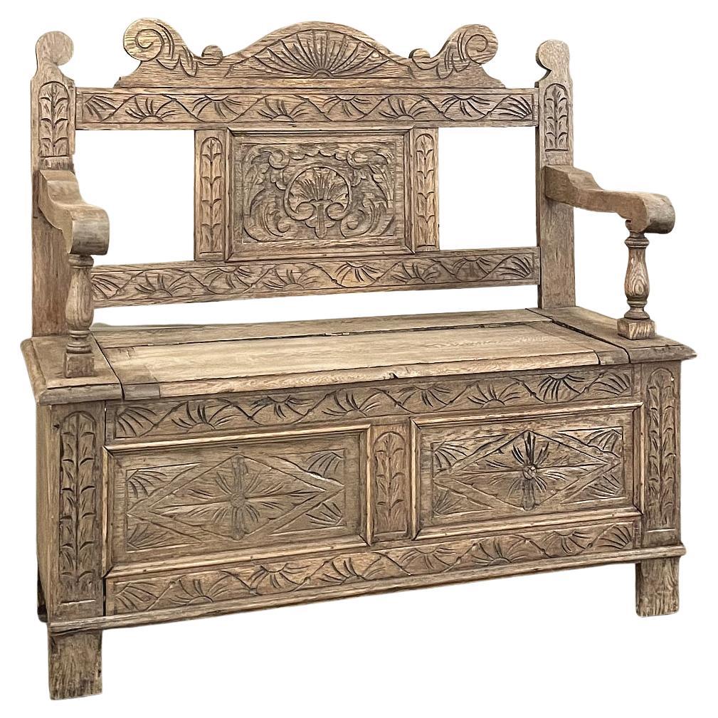 Antique French Country Cane Bench with Organic Linen Hand Pleated ...