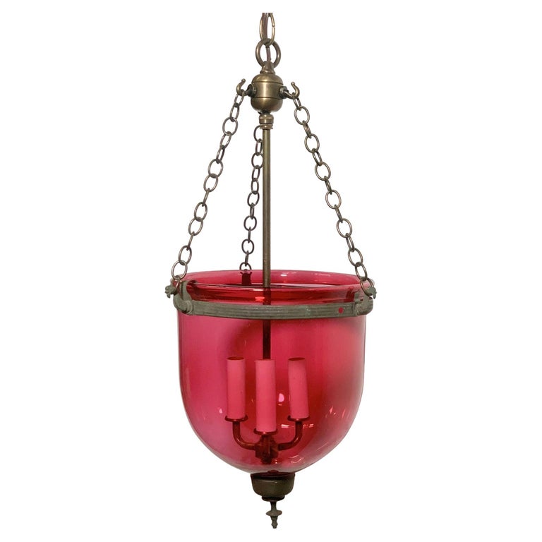 Antique Cranberry Red Crystal Bell Jar Pendant Light w/ Brass Hardware ...