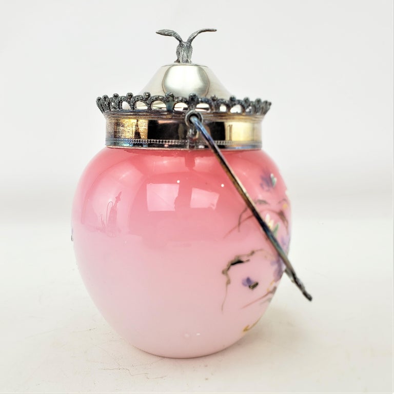 Antique Cranberry and Silver Plated Biscuit Barrel with Hand Painted ...