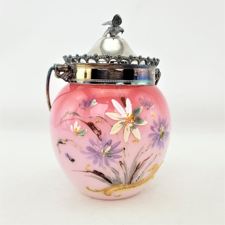 Antique Cranberry and Silver Plated Biscuit Barrel with Hand Painted ...