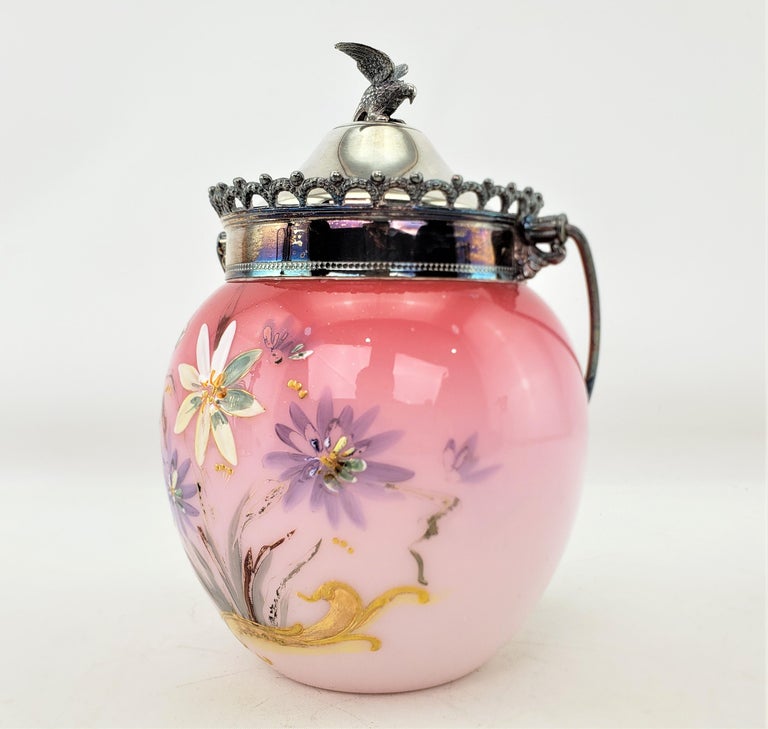 Antique Cranberry and Silver Plated Biscuit Barrel with Hand Painted ...