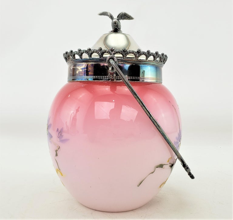 Antique Cranberry and Silver Plated Biscuit Barrel with Hand Painted ...