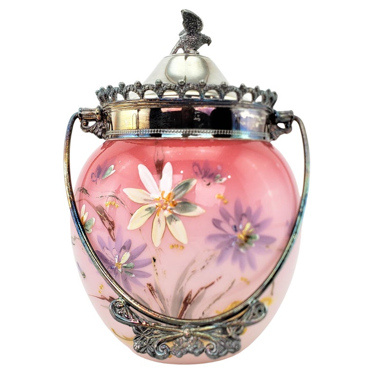 Antique Cranberry and Silver Plated Biscuit Barrel with Hand Painted ...