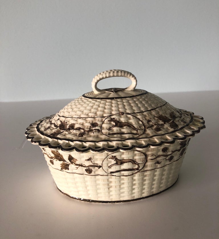 Antique Cream Ware Butter Dish Pierced Rim Basket Weave Style with Dog ...