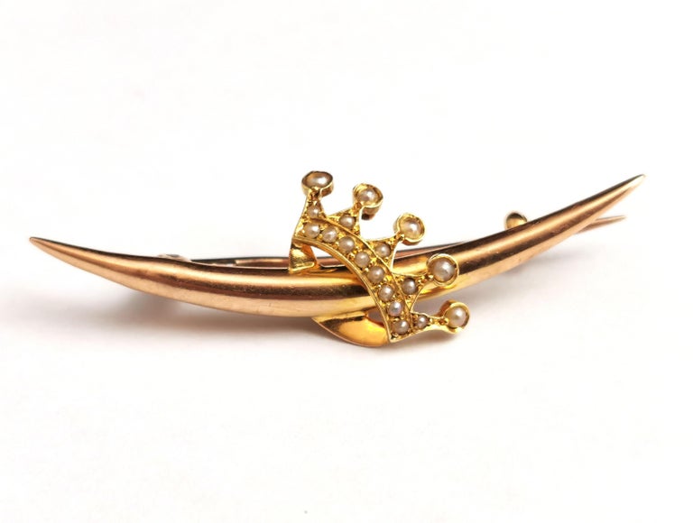 Antique Crescent and Crown Brooch, 15k Gold, Pearl, Victorian For Sale ...