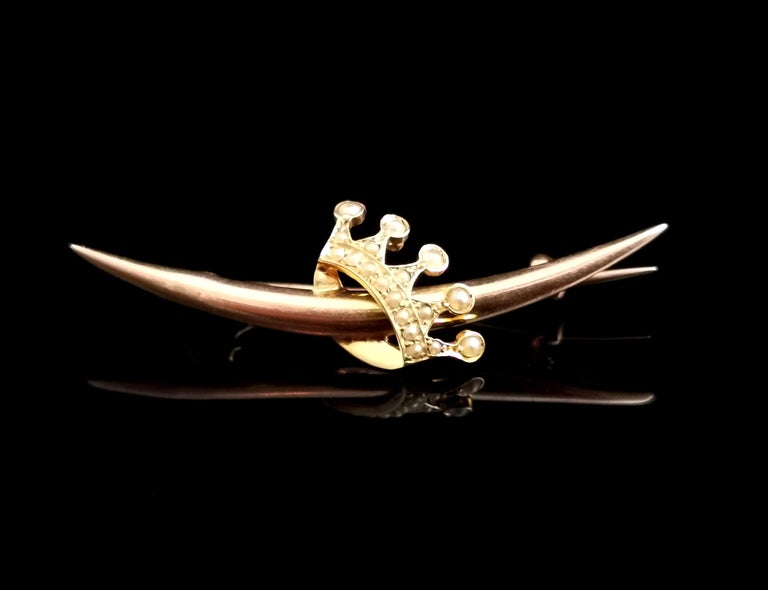 Antique Crescent and Crown Brooch, 15k Gold, Pearl, Victorian For Sale ...