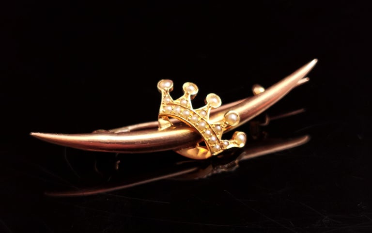 Antique Crescent and Crown Brooch, 15k Gold, Pearl, Victorian For Sale ...